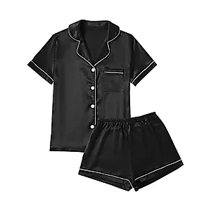 LYANER Women's Satin Pajamas Set Short Sleeve Button Shirt Silky Sleepwear with Shorts Set PJ Black Small