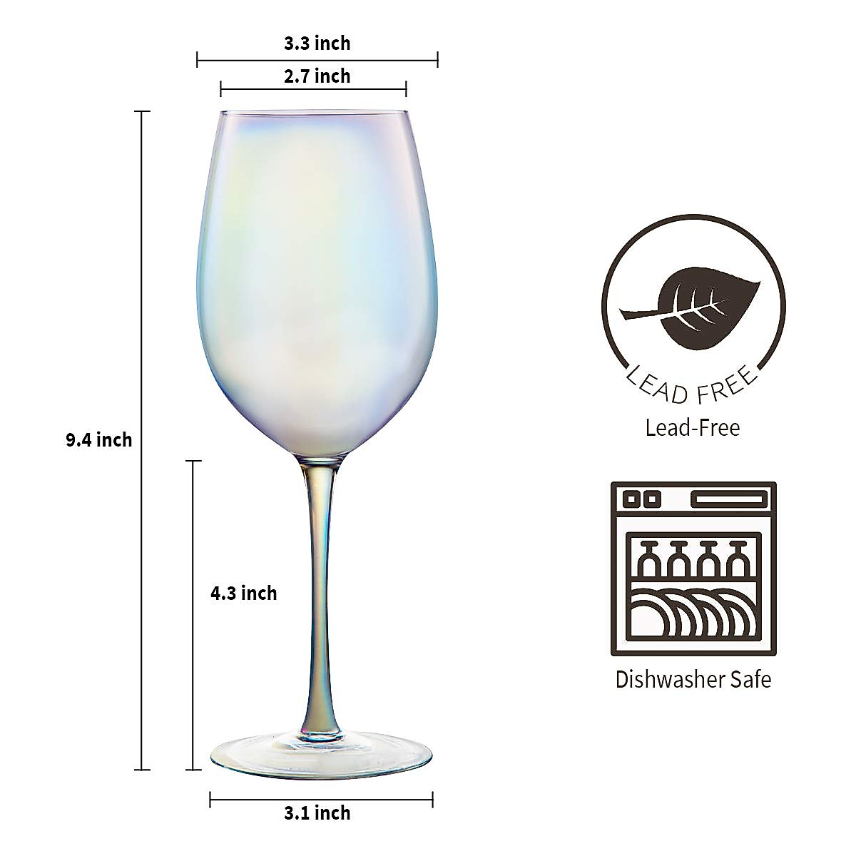 E-liu Handblown Wine Glasses, 17 Ounce Lead·Free Crystal Long Stemmed Glassware, All-Purpose Wine Glass for Red or White Wine, Birthday, Anniversary or Wedding Gifts, Set of 4, Iridescent