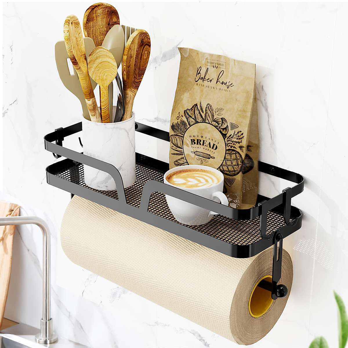 Taozun Paper Towel Holder with Shelf, Kitchen Paper Holder Spice Rack Black Paper Towel Roll Holder RV Paper Towel Rack with 4 Hooks(2 Installation Methods - Self-Adhesive and Drilling)