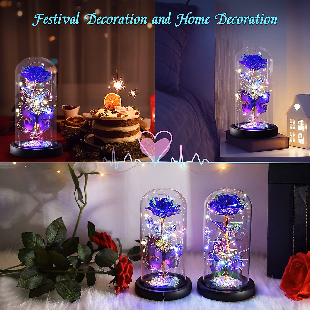 Valentines Rose Gifts for Her Birthday Flower Gift for Women, Galaxy Purple Butterfly Rose in Glass Dome, Light Up Forever Rose Birthday Gifts for Mom Anniversary Valentine's Day Eternal Rose Gift