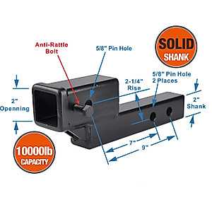 TOPTOW 64121 2-inch Receiver Trailer Hitch Extension Riser with 2-inch Rise/Drop, 2-inch Solid Shank, 10000lbs Capacity, Anti-Rattle Bolt