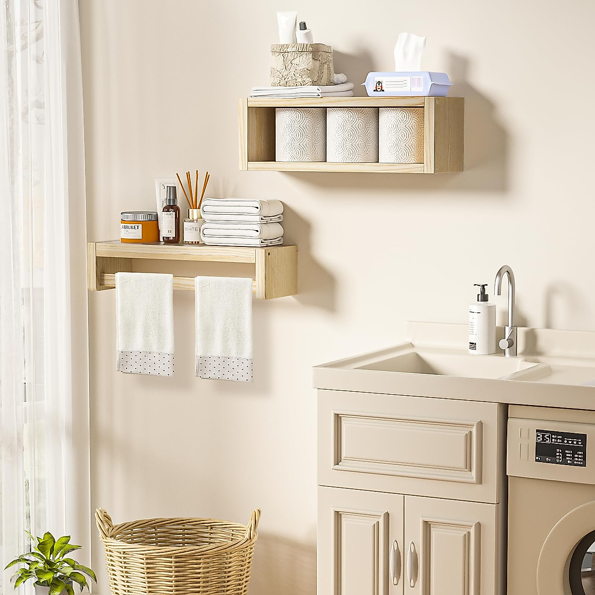 QimCoor Nursery Shelves with Lip, 5.7 inch Deep Floating Shelf with Extra Cube Shelf, Natural Solid Wood Kids Bookshelf, Baby Nursery Decor for Wall (Natural-2pack, 16.5in)