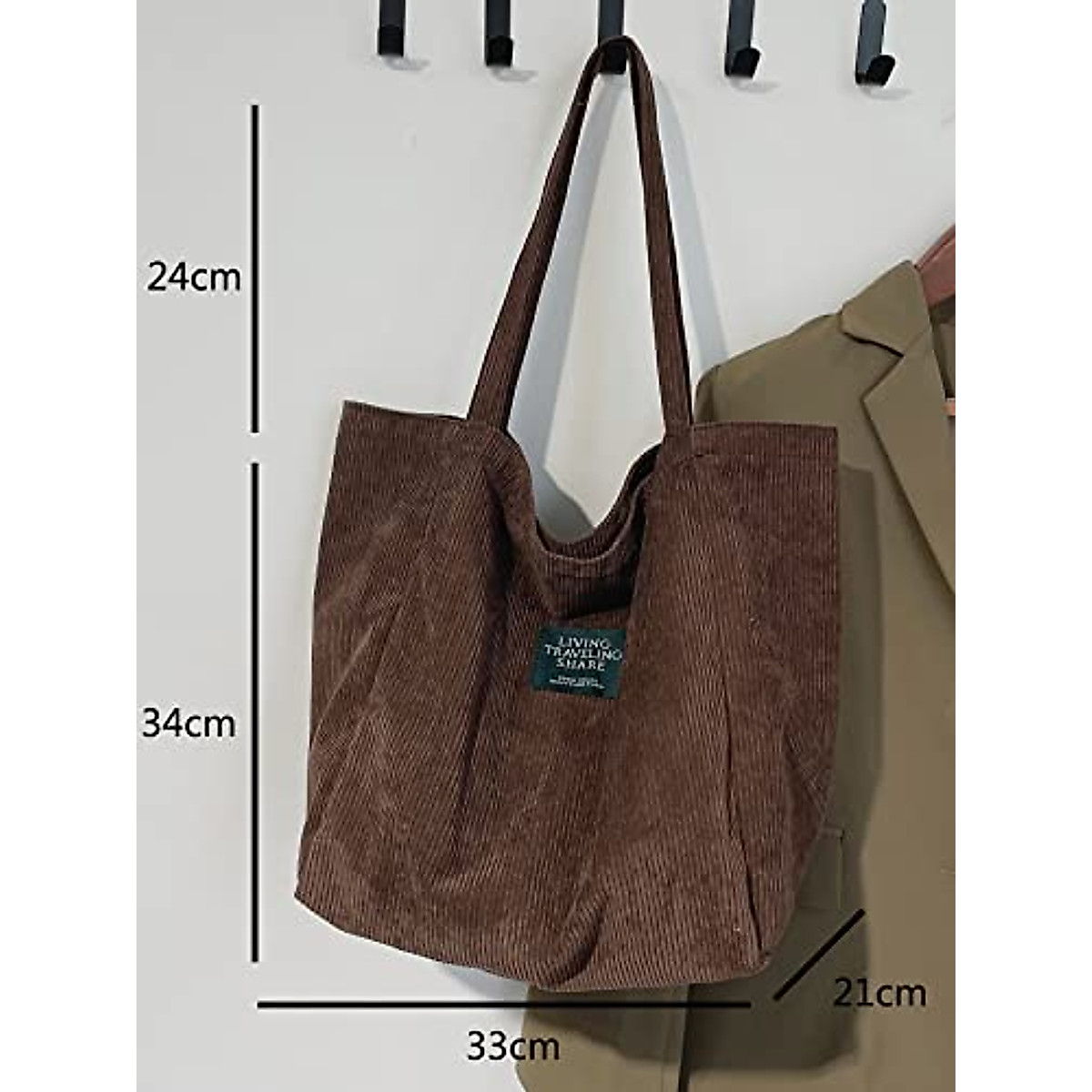 WDIRARA Women's Corduroy Totes Bag Shoulder Handbags Letter Print Shopping Shoulder Bag Brown