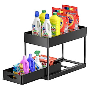 Cucn Under Sink Organizer, 2 Tier Under Sliding Cabinet Basket Organizer Drawer with Hooks, Under Sink Organizers and Storage Under Cabinet Storage for Bathroom Kitchen, Black