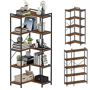 Tohomeor Bookshelf 5 Tier Deformable Corner Bookcase Free Standing Modern Industrial Book Storage Display Book Shelf for Bedroom Living Room Study Room Office (Brown)