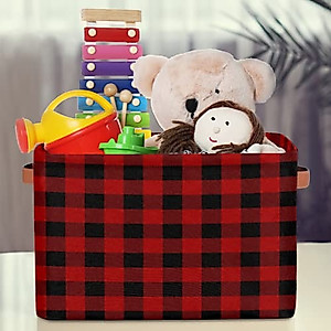 Red Lumberjack Plaid Check Fabric Storage Baskets for Shelves for Organizing Closet, Foldable Storage Bins Rectangular Decorative Basket with Leather Handles Cubes, 1 Pack