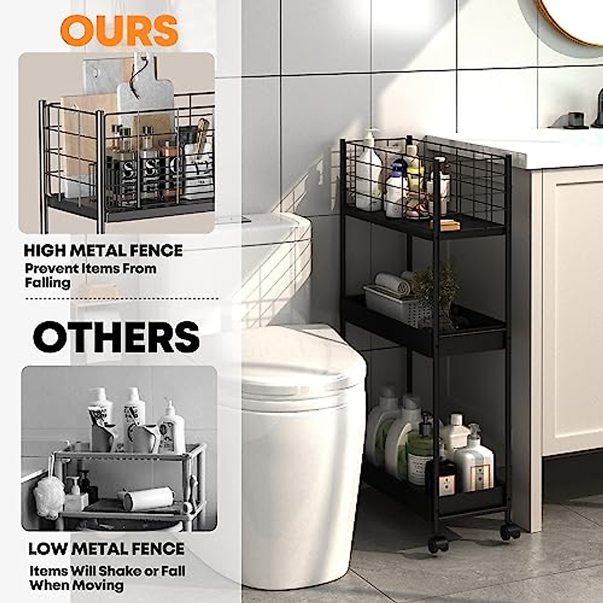 FANSPRO Slim Storage Cart, 3 Tier Metal Utility Cart with Wheels, Mobile Rolling Kitchen Cart Slide Out Narrow Storage Cart for Laundry Room Bathroom Small Spaces, Black