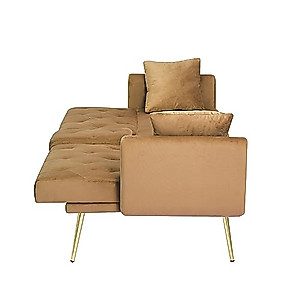 Verfur Button Tufted Convertible Futon Sofa Bed,Modern Velvet Upholstery Sleeper Couch Daybed with 2 Cup Holders and Square Armrests for Small Places Sofabed, Brown 72.4"