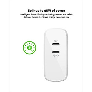 Belkin BoostCharge USB C 68W GaN Wall Charger with Dual Ports - iPhone Charger Fast Charging, Type C Charger, USB C Charger w/ PD for Samsung Galaxy, iPad Pro, Macbook Pro, Includes 2M USB C Cable