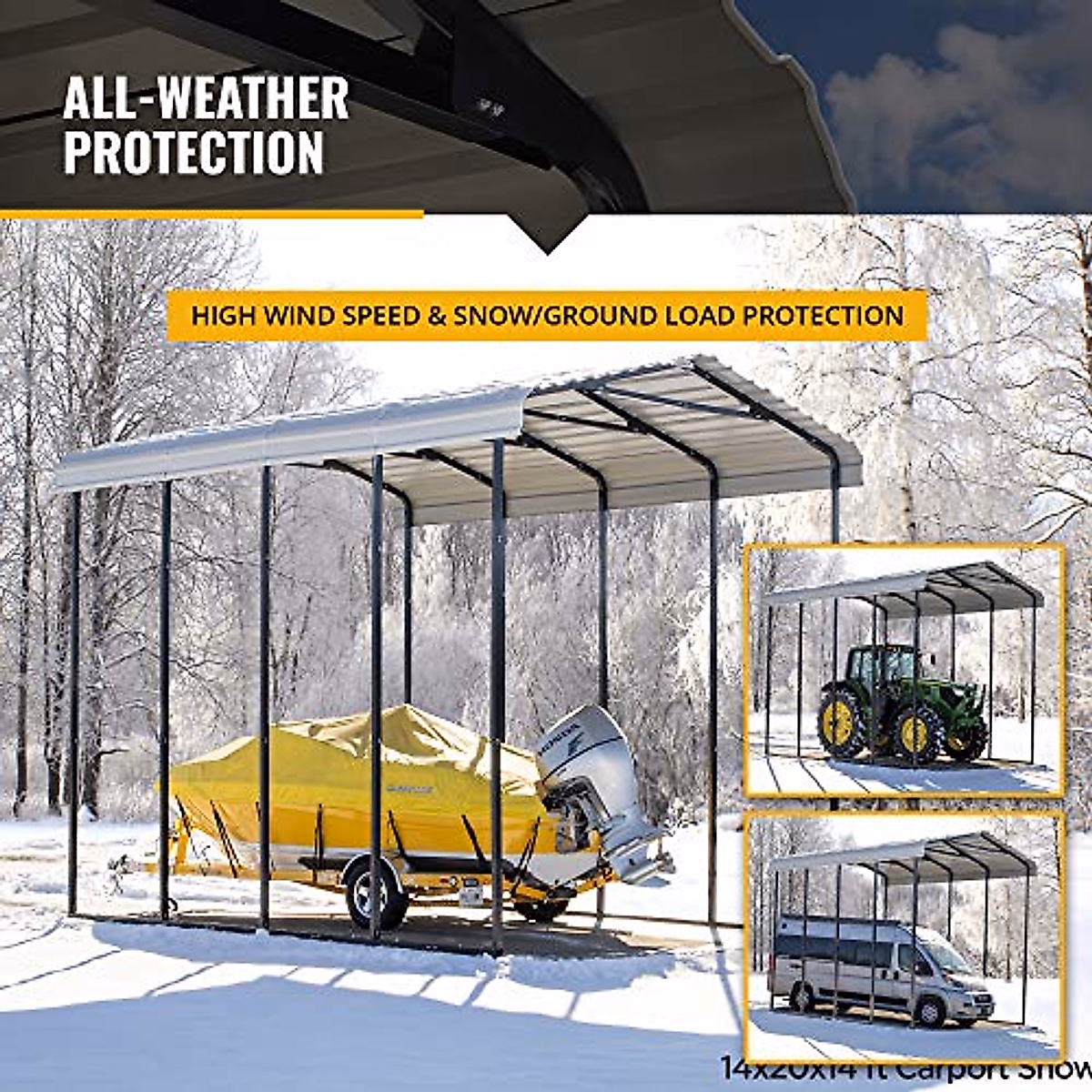 Arrow 14' x 20' x 14' 29-Gauge Metal RV Carport and Multi-Use Shelter for Large Vehicles- Eggshell