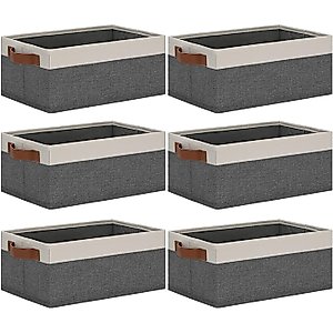 GhvyenntteS Small Fabric Storage Bins 6 Pack, Storage Basket with Leather Handles, Closet Storage Bins for Shelves, Storage Baskets for Shelves, Home, Office (Grey/White, 11.8" x 7.87" x 5.11")