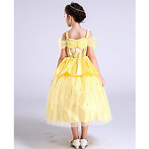 Little Girls Yellow Roses Princess Costume Dress Off Shoulder Layered Dress up (4-5 Years)