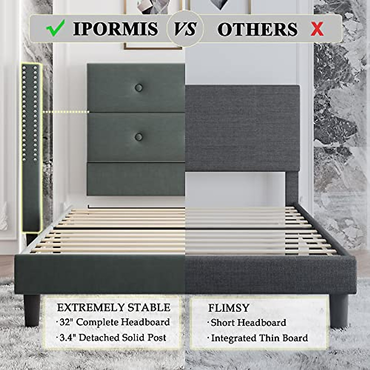 iPormis King Size Platform Bed Frame, Velvet Upholstered Bed Frame with Button Tufted & Nailhead Headboard, Wooden Slats Support, No Box Spring Needed, Noise-Free, Gray