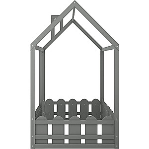 Harper & Bright Designs Twin House Bed Frame for Kids, Montessori Floor Bed Twin with Fence-Shaped Rails, Wood Twin Floor Bed Frames for Girls, Boys(Twin,Grey)