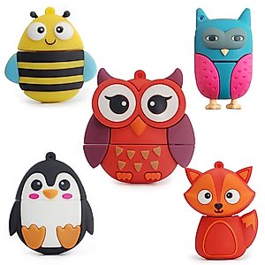 LEIZHAN 5X8GB Cute Animals USB Flash Drive with Chain Bee Fox Owls Penguin Pen Drive Gifts for School Kids and Students Valentine's Day Gift (Pack of 5 Animals)