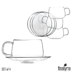 Tealyra - La Lune - Glasses - 10.1-ounce - Set of 4 - Clear and Lightweight Glass Tea and Coffee Cup with Saucer - 300ml