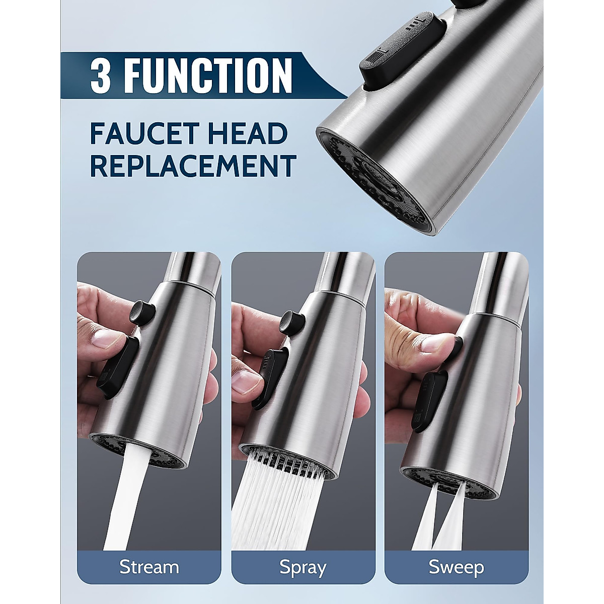 Kitchen Faucet Head Replacement:Stainless Steel Spray Head,3 Modes Pull Out Spray Nozzle with 9 Adapters for Kitchen Sink Faucet,Compatible with Moen Kohler Delta Kitchen Faucets G1/2,Brushed Nickel