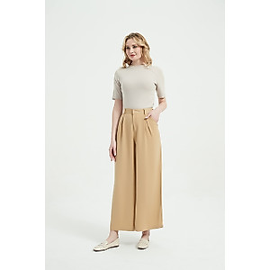 Tronjori Women High Waist Casual Wide Leg Long Palazzo Pants Trousers Regular Size(L, Sand)