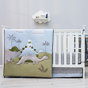 Dinosaur Crib Bedding Set for Boys, Crib Set for Boys includes - Dino Blanket, 2 Fitted Sheets, Pillowcase, Crib Skirt, Nursery Organizer - Dino Theme, Blue-White, 6 Piece boy crib bedding set