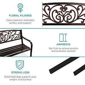 Best Choice Products Outdoor Bench Steel Garden Patio Porch Furniture for Lawn, Park, Deck w/Floral Design Backrest, Slatted Seat - Brown