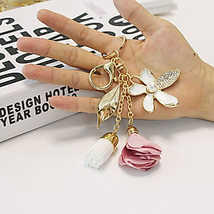 SWJEWEL Flower Keychain Rhinestone Tassel Leaf Key Ring Women Wallet Bag Pendant Charms Gold Pink