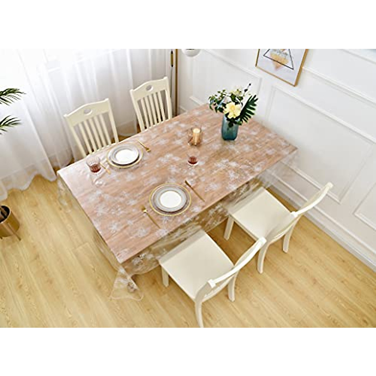 Rally Home Goods Indoor Outdoor Patio Premium Clear Vinyl Rectangular Tablecloth, Spill Proof Wipeable Cover for Dining Table, Clear Vinyl Imprinted White Floral, for Tables 60 x 84 Inch Oblong