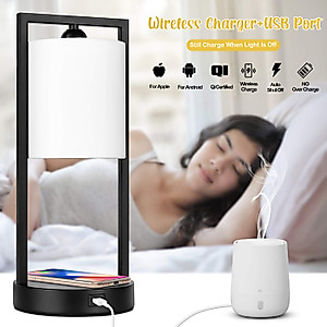 TOBUSA Wireless Charging Touch Control Table Lamps Set of 2, Bedside Nightstand Lamps White Fabric Shade, Modern Dimmable Desk Lamps for Bedroom Living Room Office Warm White E26 Bulbs Included