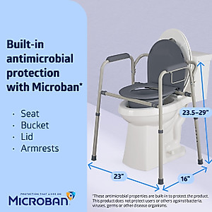 Medline 3-in-1 Steel Adjustable Bedside Commode w/ Microban Protection, Portable Bedside Toilet, 350 lb. Weight Capacity, Removable 7.5 QT. Bucket, Toilet Chair For Elderly, Tool-Free Assembly, Gray