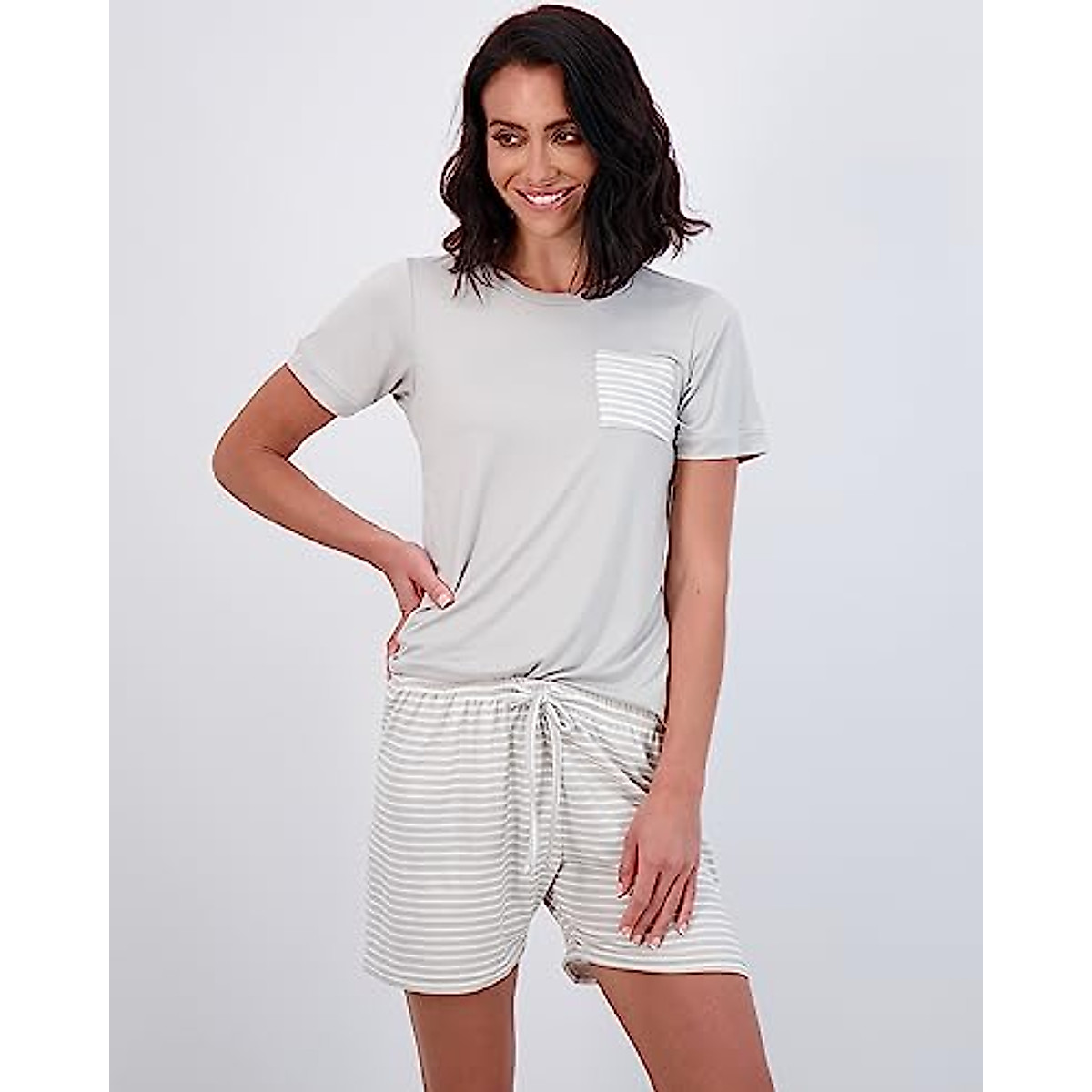 2 Pack: Womens Short Sleeve Tops Striped Pajama Sets Shorts Ladies Summer Soft 2 Piece Matching Cute Comfy Sleepwear Pajamas Adult Loungewear Bottoms lounge Pijamas de Mujer Pj Women - Set 1, Large