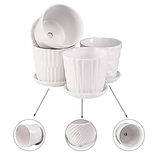 sietpoek Plant Pots - 5.5 Inch Cylinder Ceramic Planters with Connected Saucer, Pots for Succuelnt and Little Snake Plants, Set of 4, White