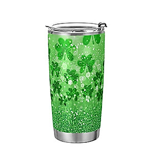 Green Glitter Sparkle Clovers Travel Mug Insulated Tumbler with Lid and Straw Abstract Lucky Irish Shamrock Stainless Steel Vacuum Double Walled Drinking Cup Keeps Drinks Cold&Hot Water Bottle for T