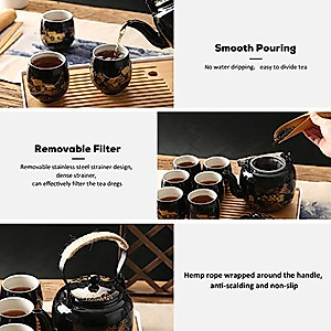 Dujust Japanese Tea Set, Black Porcelain Tea Set with 1 Teapot Set, 6 Tea Cups, 1 Tea Tray, 1 Stainless Infuser, Beautiful Asian Tea Set for Adults, Tea Lover/Women/Men (Countryside in Golden)