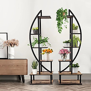 Elevens 6 Tier Metal Plant Stand, Muti-Purpose Ladder Plant Shelf Indoor 12 Potted Half Moon Shape Plant Stands for Balcony, Patio, Garden and Home Decoration Pack of 2 (Oak)