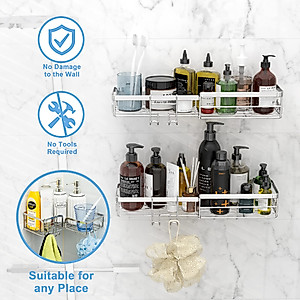 ETECHMART Corner Shower Caddy, 0°- 330°Rotation Adhesive Shower Shelves Organizer for Bathroom, SUS304 Rustproof Floating Storage Rack for Inside with Hooks, No Drilling - 2 Pack/Sliver