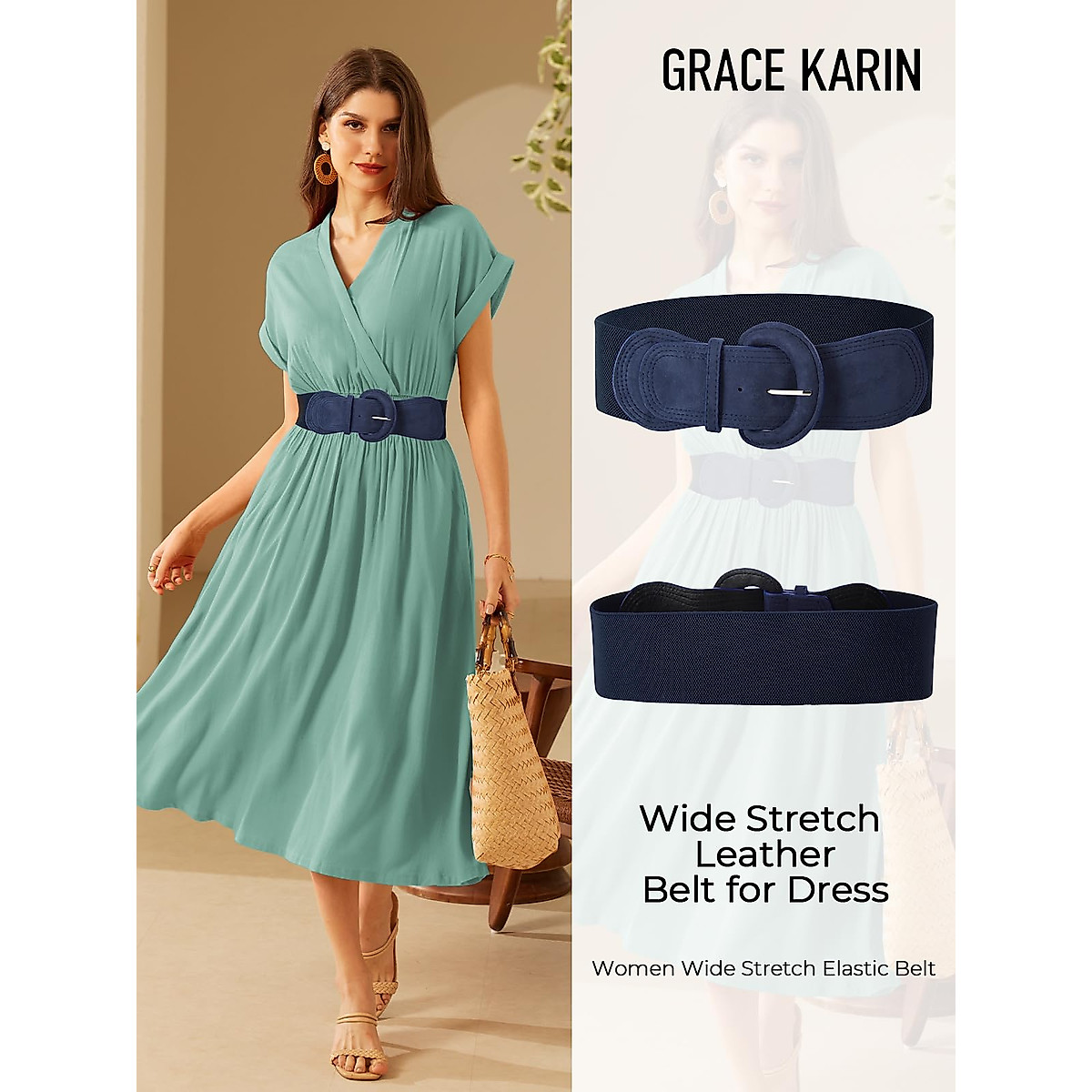 GRACE KARIN Women Wide Elastic Waist Belts Stretchy Suede Dress Belt Ladies Cinch Waistband Navy L