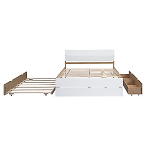 YOPTO Full Size Modern Bed Frame with Twin Size Trundle and 2 Drawers,Wooden Platform Bed W/High Gloss Craft Headboard and Footboard,Easy Assembly,for Bedroom,Apartment,White & Light Oak