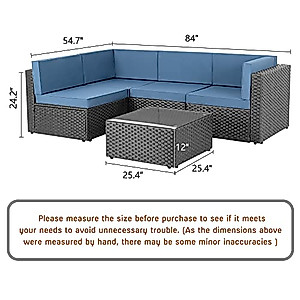 Shintenchi 5 Pieces Outdoor Patio Sectional Sofa Couch, Black PE Wicker Furniture Sets, Patio Conversation Sets with Washable Cushions Glass Table for Garden, Poolside, Backyard,Aegean Blue
