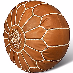 MARRAKESH STYLE Comfortable Leather Ottoman Pouf - Handmade Unstuffed Moroccan Pouf Cover - Round Pouf & Foot Rest Ottoman - Perfect for Living Rooms Bedrooms & Kids Room - Brown