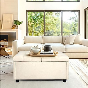 CangLong 31.5" Wide Square Storage Ottoman Bench, Upholstered Tufted Linen Footrest, Coffee Table with Storage for Living Room & Bedroom, Beige