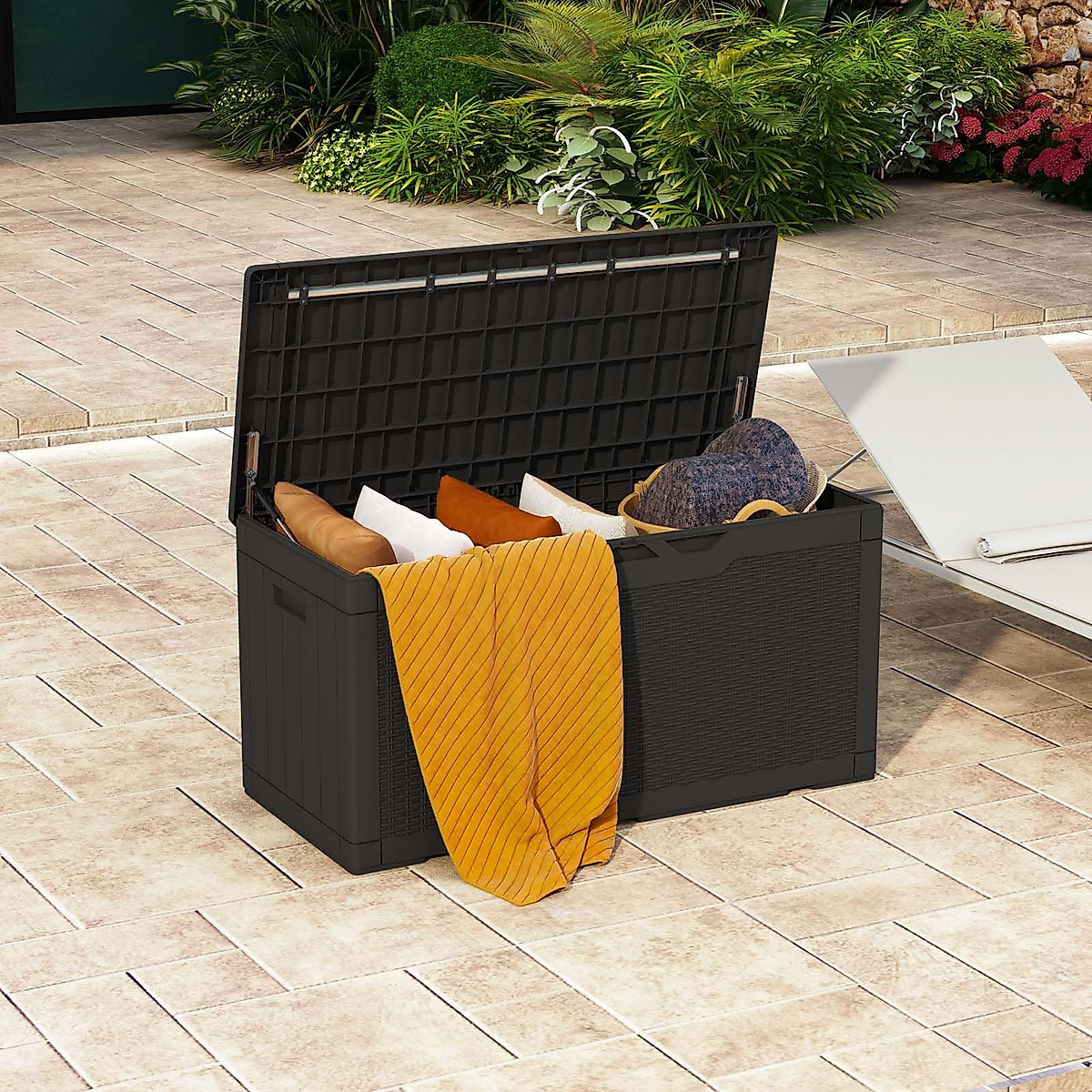 Patiowell 100 Gallon Resin Deck Box with cushion, Waterproof Large Outdoor Storage Box for Patio Furniture and Garden Tools, Black