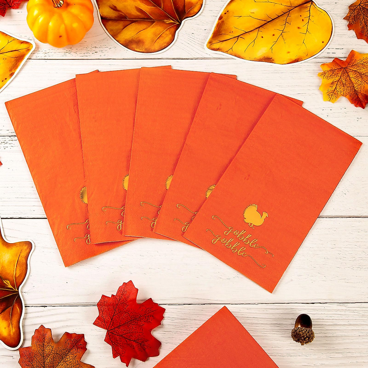 ​Quera 100 Pack Thanksgiving Guest Napkins Turkey Gold Foil Disposable Napkins Autumn Fall Harvest Paper Napkins Thanksgiving Dinner Party Supplies - Gobble​ 7.5 x 4.25 Inch