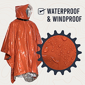 Go Time Gear Emergency Survival Life Poncho - 2 Thermal Mylar Space Blanket Rain Ponchos - Use in Camping, Hiking, Survival Gear & Bug Out Bag - Includes Survival Whistle & Paracord String (Orange)