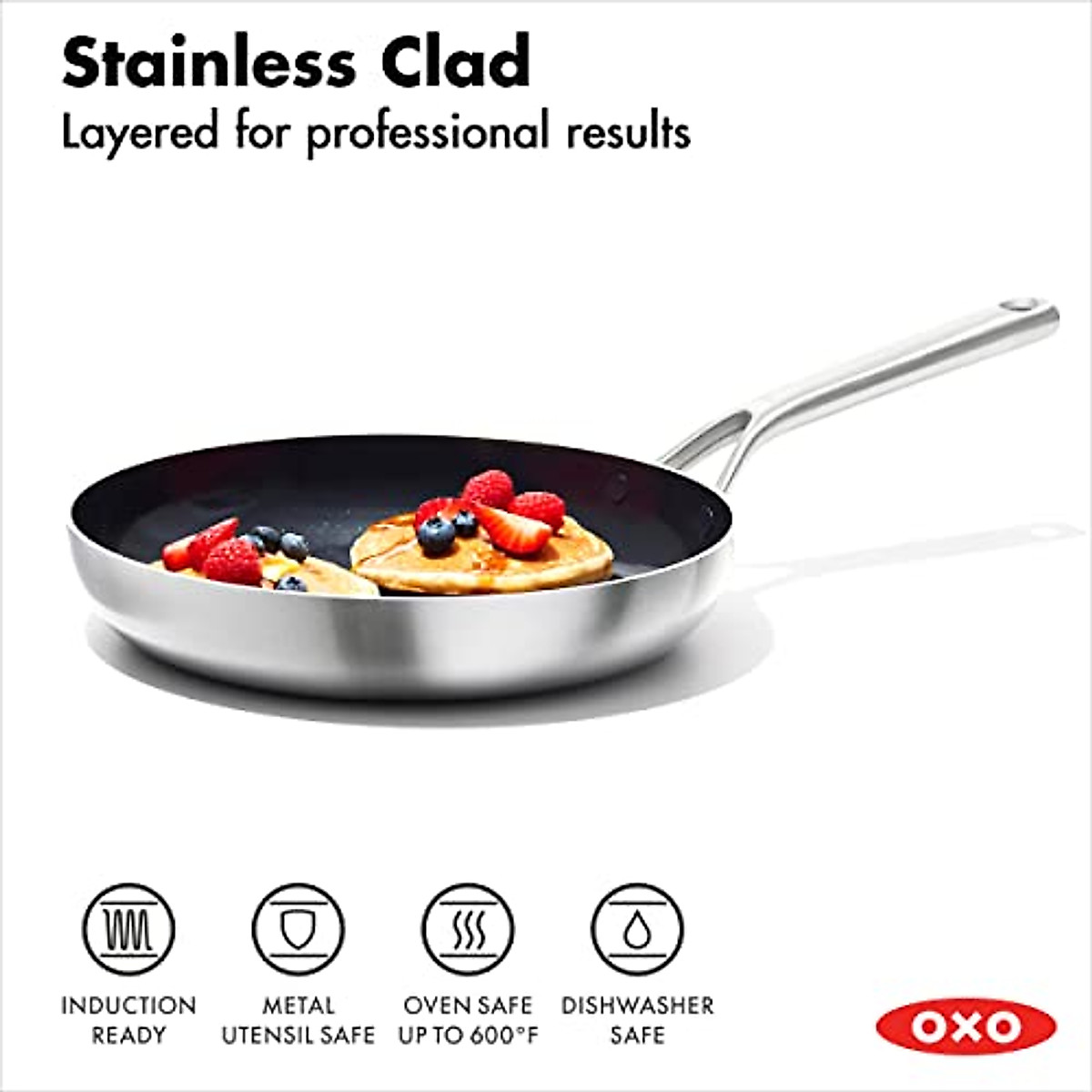 OXO Mira Tri-Ply Stainless Steel PFAS-Free Nonstick, 12" Frying Pan Skillet, Induction, Multi Clad, Dishwasher and Metal Utensil Safe