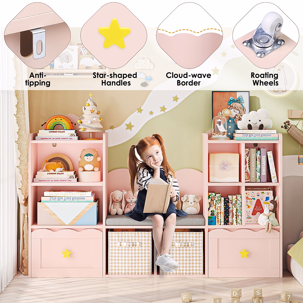 FACBOTALL Kids Bookshelf with Reading Nook, Kids Bookcase with Soft Cushion Seat, 2 Wheels Drawers and 8 Storage Cubbies, Toy Storage Organizer for Kid's Room Playroom, Bedroom, School, Pink