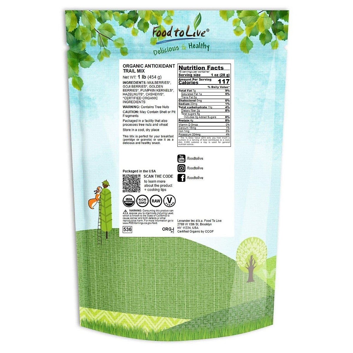 Food to Live Organic Antioxidant Trail Mix, 1 Pound — Contains Mulberries, Goji Berries, Golden Berries, Pumpkin Seeds, Hazelnuts, Cashews. Non-GMO.