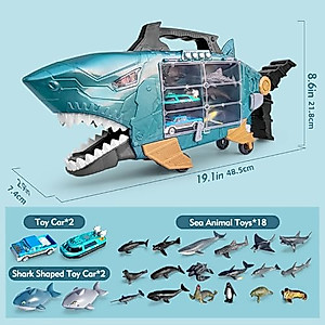 Shark Toys with led, Music Ocean Animals Toys, Shark Truck Toys with 2pcs Toy Trucks, 2pcs Shark Cars,18pcs sea Animal Toys for 3+ Year Old Kids