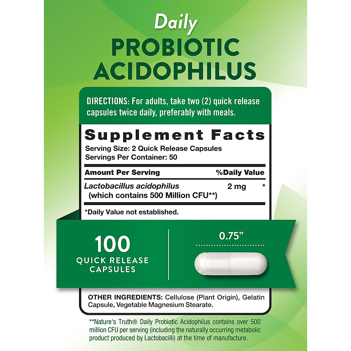 Probiotics For Men and Women Digestive Support | 500 Million CFU | 100 Capsules | Acidophilus | By Nature's Truth