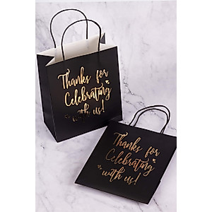 LaRibbons Medium Size Gift Bags - Gold Foil Thanks for celebrating with us Black Paper Bags with Handles for Wedding, Birthday, Baby Shower, Party Favors - 12 Pack - 8" x 4" x 10"
