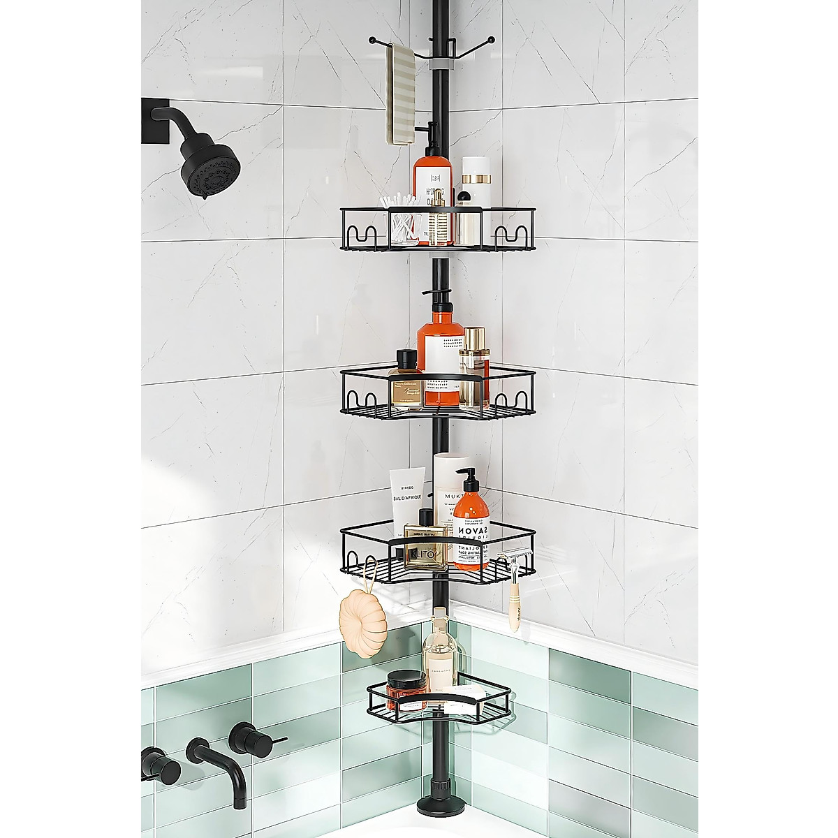 SEIRIONE Corner Shower Caddy Tension Pole, 4-Tier Rust-Free Shower Organizer Corner, Adjustable Shower Shelf for Inside Shower, Easy-Install Shower Rack for Shower Storage, 61.3 to 113Inch, Black