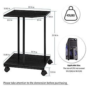 Computer Tower Stand, CPU Stand 2-Tier PC Stand Rustic Wood Desktop Printer Stand Table Top with Lockable Rolling Caster Wheels Under Desk for Office Home Fits Most PC, Black
